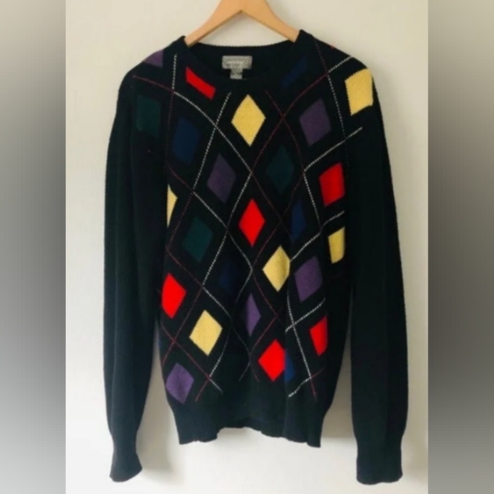 100% Cashmere Sweater Harlequin Pattern Multi Color - Gem